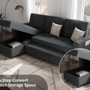 Ucloveria Sectional Sofa Couch, Sleeper Sofa Bed with Reversible Storage Chaise Pull Out Couch Bed for Living Room L-Shape Lounge 2 in 1 Futon Sofa with Side Storage Bag, Black