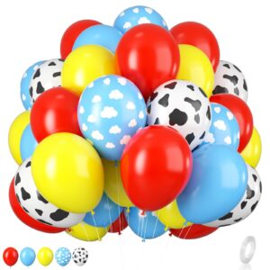 toy inspired story balloons, 12 inch red blue yellow balloons with cow print sky blue cloud balloons for kids boys girls inspired story party themed party decor decorations