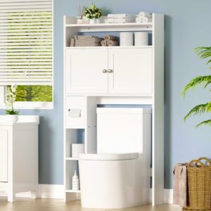 ideakey over the toilet storage cabinet with toilet paper holder stand, 7-tier freestanding bathroom over toilet storage with shelves and doors, behind toilet storage cabinet, white