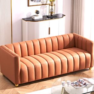 Container Furniture Glam Fabric Upholstered Solid Wood Frame 82.7" Art Deco Sofa for Living Room, Office, Sophisticated 3 Seater Couch, Orange