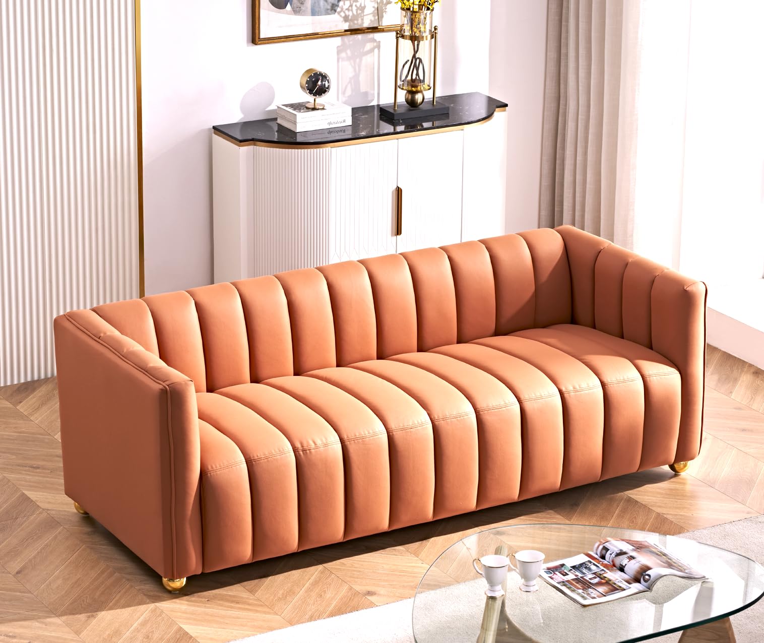 Container Furniture Glam Fabric Upholstered Solid Wood Frame 82.7" Art Deco Sofa for Living Room, Office, Sophisticated 3 Seater Couch, Orange