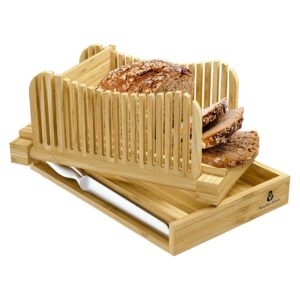 mama bear kitchens bamboo bread slicer with knife - adjustable & durable bread loaf slicer with crumb tray & foldable bread cutter guide - easy to clean & store bread slicer for homemade bread