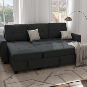 Ucloveria Sectional Sofa Couch, Sleeper Sofa Bed with Reversible Storage Chaise Pull Out Couch Bed for Living Room L-Shape Lounge 2 in 1 Futon Sofa with Side Storage Bag, Black