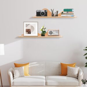 Wood Floating Shelves Wall Mounted Set of 2 for Wall Decor, Natural Wood Floating Shelves for Living Room/Bedroom/Kitchen Decor Storage (Natural)