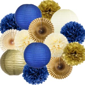 navy blue and gold party decoration navy blue cream paper lanterns hanging paper fans tissue pom pom flowers for men birthday wedding baby shower 2024 graduation party decoration