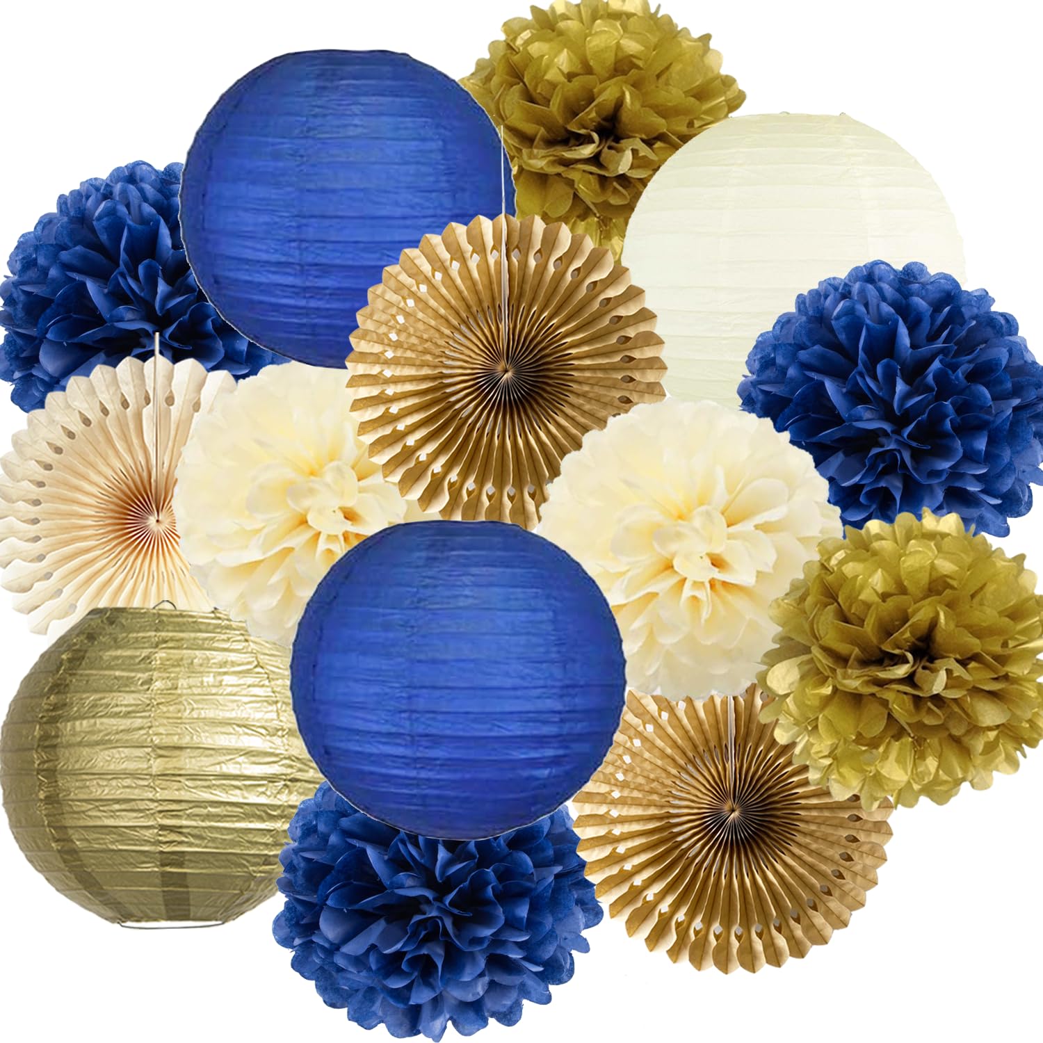 Navy Blue and Gold Party Decoration Navy Blue Cream Paper Lanterns Hanging Paper Fans Tissue Pom Pom Flowers for Men Birthday Wedding Baby Shower 2024 Graduation Party Decoration