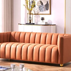 Container Furniture Glam Fabric Upholstered Solid Wood Frame 82.7" Art Deco Sofa for Living Room, Office, Sophisticated 3 Seater Couch, Orange