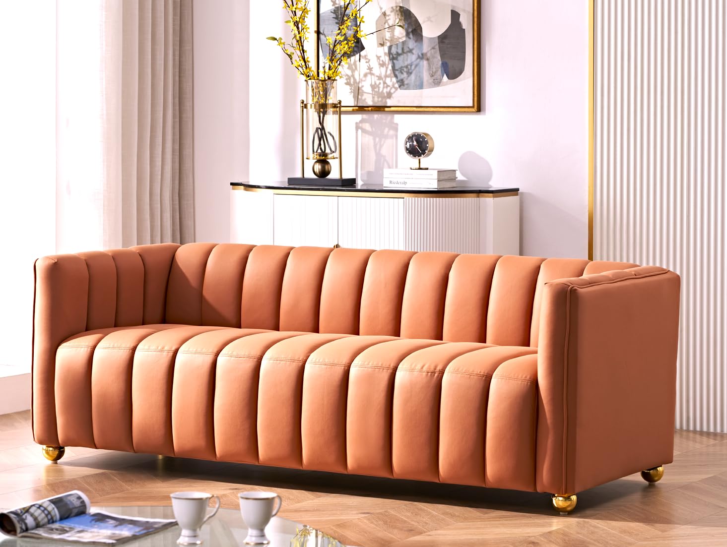 Container Furniture Glam Fabric Upholstered Solid Wood Frame 82.7" Art Deco Sofa for Living Room, Office, Sophisticated 3 Seater Couch, Orange