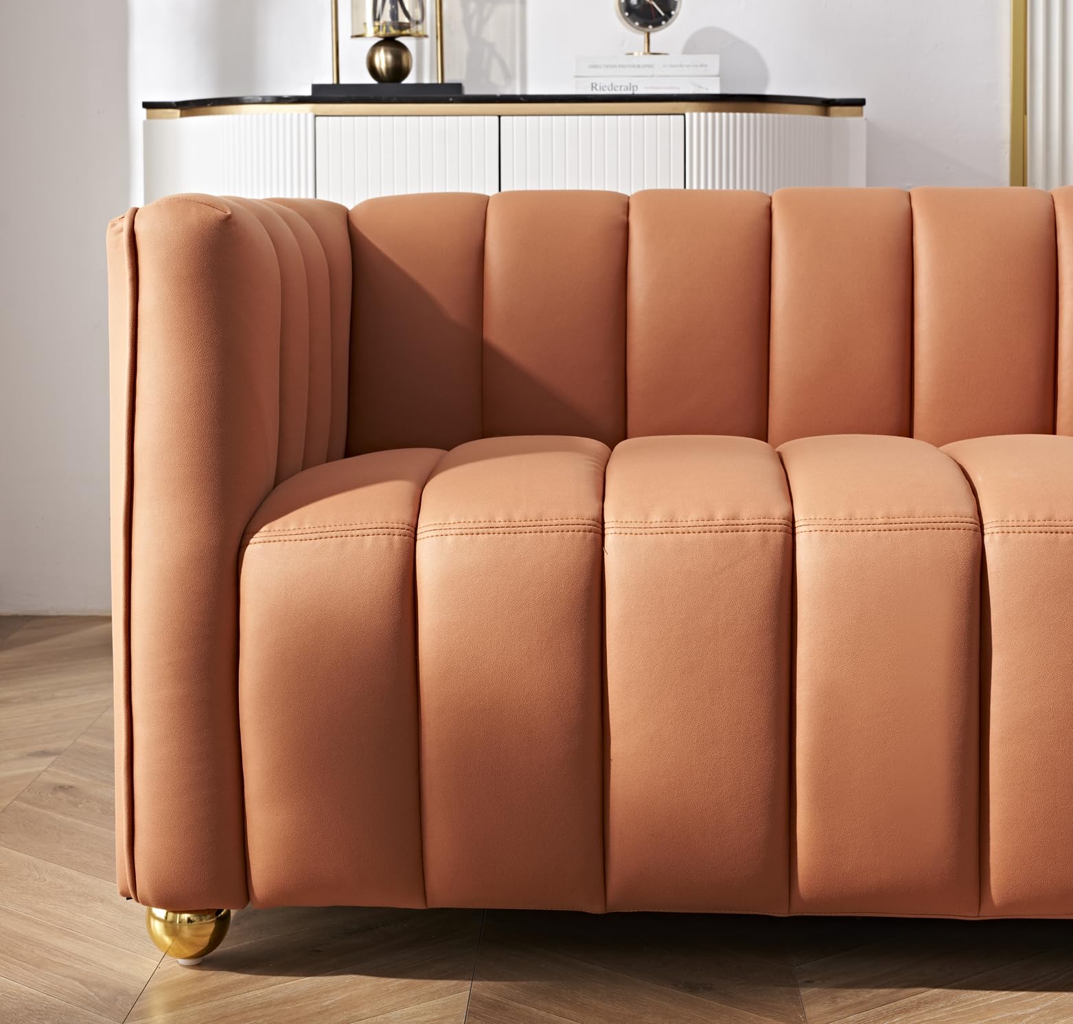 Container Furniture Glam Fabric Upholstered Solid Wood Frame 82.7" Art Deco Sofa for Living Room, Office, Sophisticated 3 Seater Couch, Orange