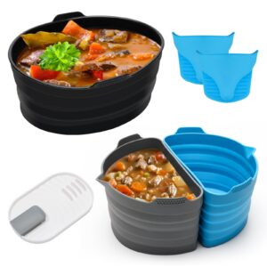 6 pack silicone cooker liners set, slow cooker pot liner for 6-8qt crock pot, contain 1 pcs integrated pot mat, 2 pcs divider liners, 1 pcs plastic utensil cradle, 2 pcs silicone hand-clips