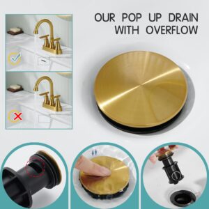 FROPO Brushed Gold Bathroom Sink Faucets - 4Inch Centerset Bathroom Faucet 2-Handle 360 Swivel Spout Gold Faucet Bathroom 2 or 3 Hole with Pop-up Drain & Supply Lines for Bathroom Vanity RV Restroom