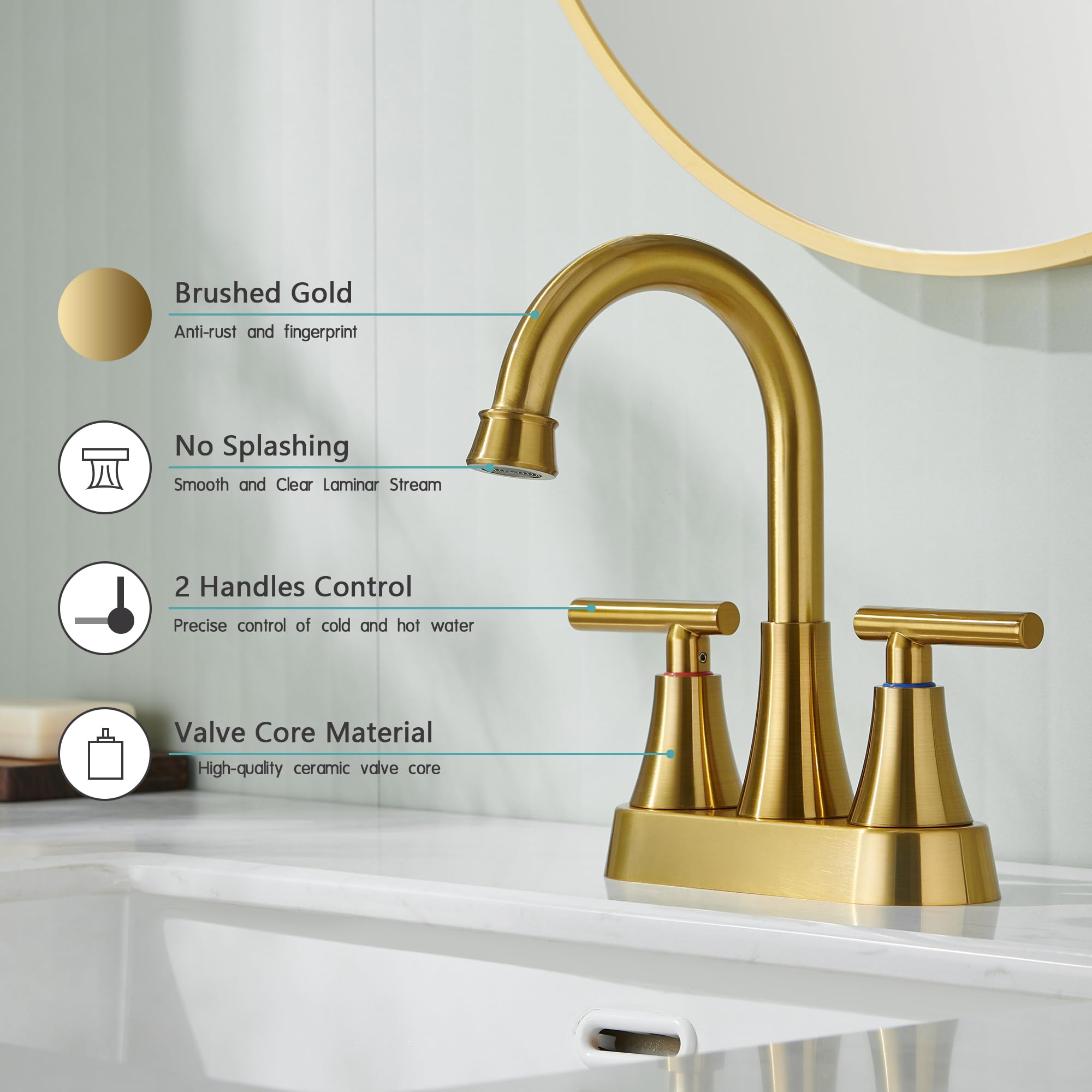 FROPO Brushed Gold Bathroom Sink Faucets - 4Inch Centerset Bathroom Faucet 2-Handle 360 Swivel Spout Gold Faucet Bathroom 2 or 3 Hole with Pop-up Drain & Supply Lines for Bathroom Vanity RV Restroom