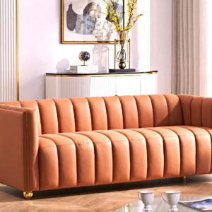 Container Furniture Glam Fabric Upholstered Solid Wood Frame 82.7" Art Deco Sofa for Living Room, Office, Sophisticated 3 Seater Couch, Orange