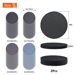 Tshya 80Pcs 6 Inch Hook and Loop Sanding Discs 1000/1500/2000/3000 Grits Wet Dry Sandpaper with 2Pcs Foam Pads for Random Orbital Sander