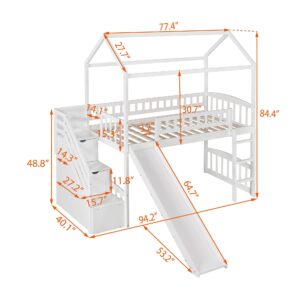 YOPTO Twin Size Loft Bed with Slide and Storage Steps,Wooden Playhouse BedFrame,w/Two Drawers & Safety Guardrail,No Box Spring Needed,for Kids, Teens, Girls, Boys,White