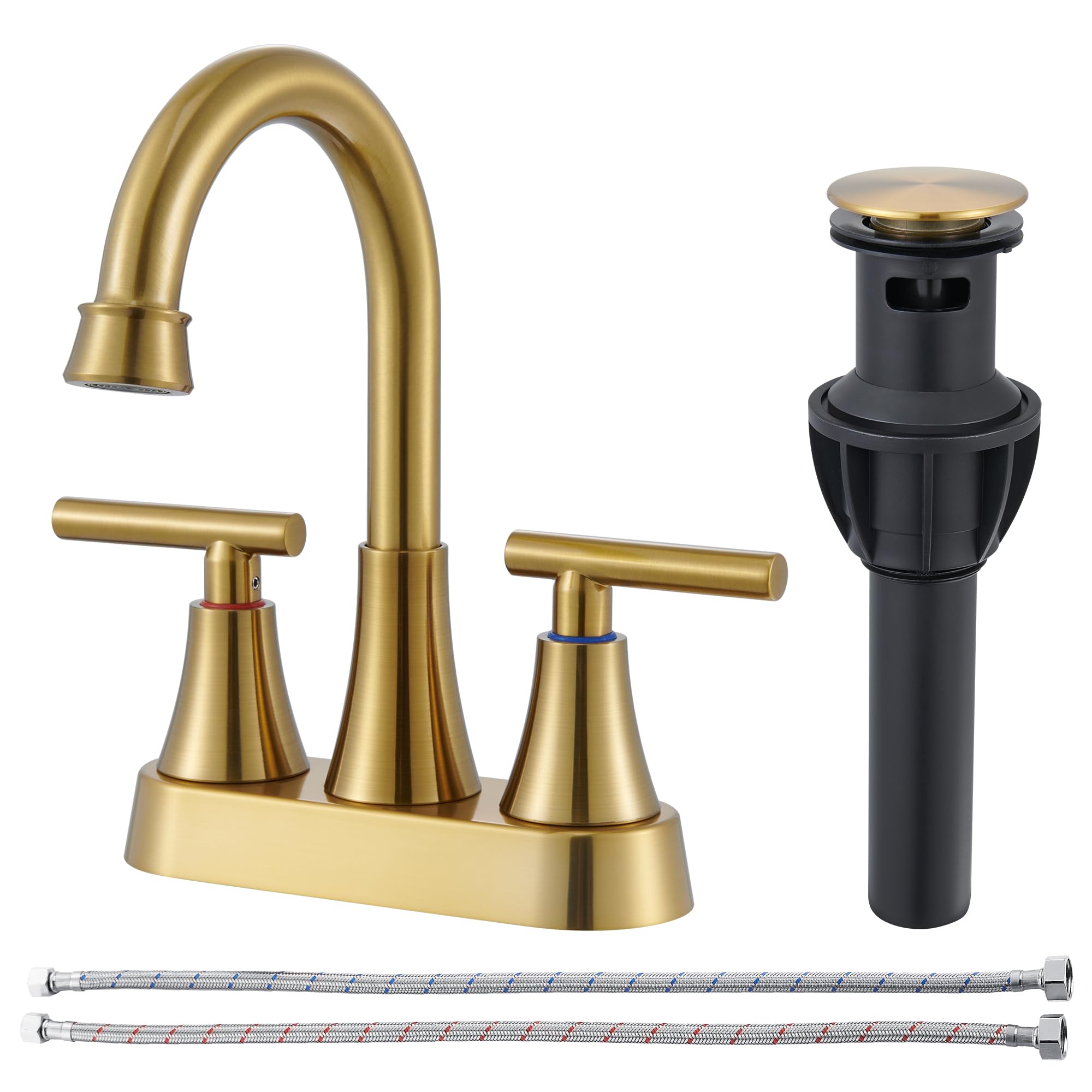 FROPO Brushed Gold Bathroom Sink Faucets - 4Inch Centerset Bathroom Faucet 2-Handle 360 Swivel Spout Gold Faucet Bathroom 2 or 3 Hole with Pop-up Drain & Supply Lines for Bathroom Vanity RV Restroom