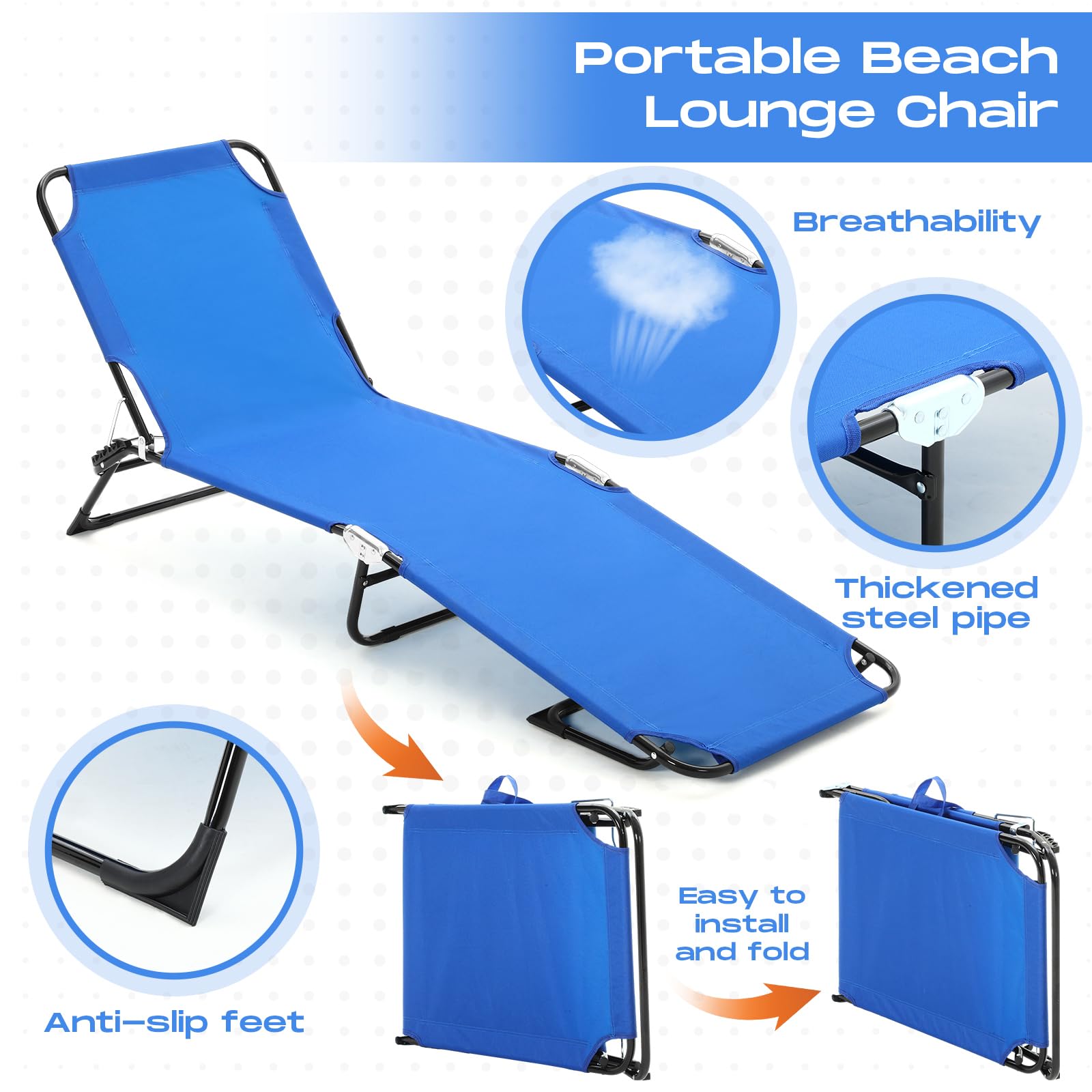 2 Pack Beach Lounge Chair for Adults Folding Camping Cot Tanning Chair Outdoor 4 Position Adjustable Reclining Lounger Portable Chaise Lounge Chair for Sunbathing Patio Beach Lawn Pool(Royal Blue)