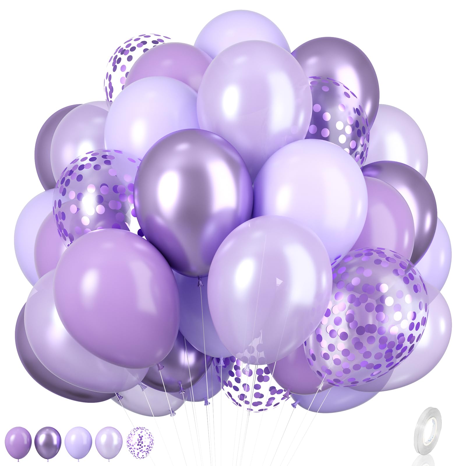 Purple Party Balloons Set, 12inch Lavender Balloons Pastel Purple Lilac Balloons Purple Metallic Confetti Purple Balloons For Girls Birthday Baby Shower Bridal Wedding Party Decorations