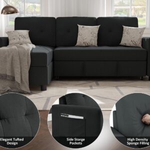 Ucloveria Sectional Sofa Couch, Sleeper Sofa Bed with Reversible Storage Chaise Pull Out Couch Bed for Living Room L-Shape Lounge 2 in 1 Futon Sofa with Side Storage Bag, Black