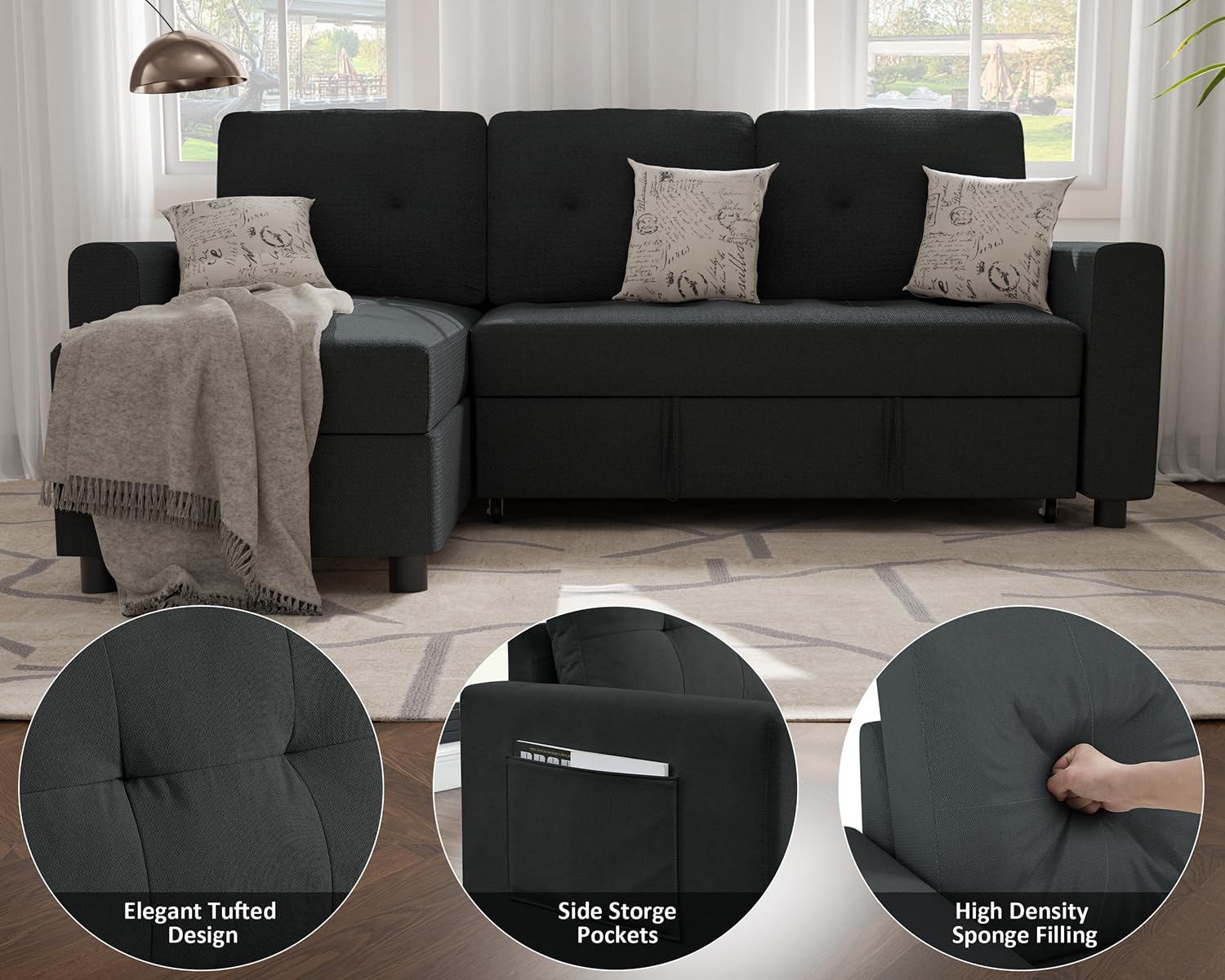 Ucloveria Sectional Sofa Couch, Sleeper Sofa Bed with Reversible Storage Chaise Pull Out Couch Bed for Living Room L-Shape Lounge 2 in 1 Futon Sofa with Side Storage Bag, Black