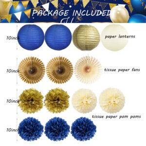 Navy Blue and Gold Party Decoration Navy Blue Cream Paper Lanterns Hanging Paper Fans Tissue Pom Pom Flowers for Men Birthday Wedding Baby Shower 2024 Graduation Party Decoration