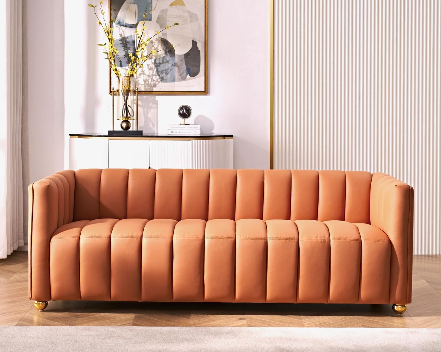 Container Furniture Glam Fabric Upholstered Solid Wood Frame 82.7" Art Deco Sofa for Living Room, Office, Sophisticated 3 Seater Couch, Orange