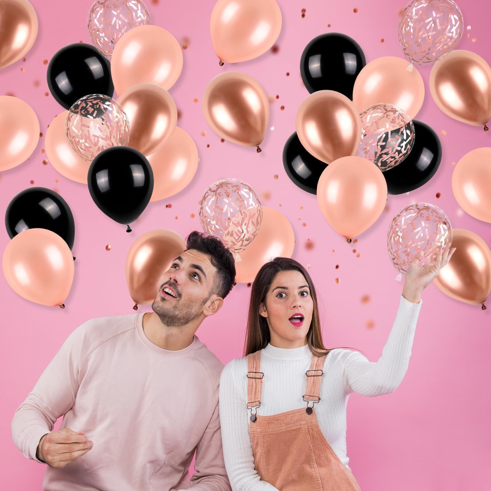 Rose Gold and Black Balloons Set, 12 inch Metallic Rose Gold Balloons Pearl Rose Gold Confetti Balloons Black Latex Balloons Party Balloons for Birthday Baby Shower Wedding Party Decorations