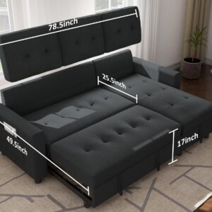 Ucloveria Sectional Sofa Couch, Sleeper Sofa Bed with Reversible Storage Chaise Pull Out Couch Bed for Living Room L-Shape Lounge 2 in 1 Futon Sofa with Side Storage Bag, Black