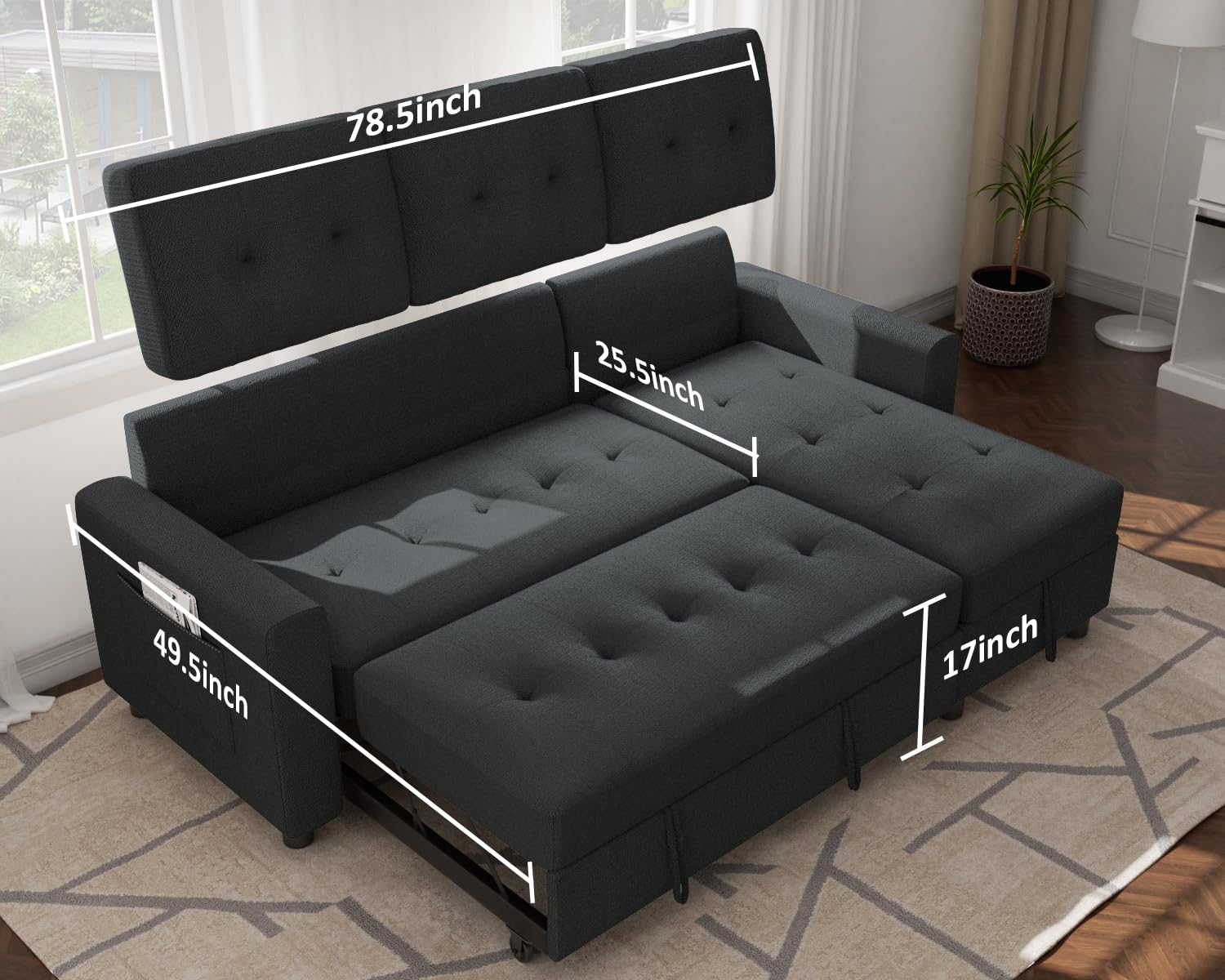 Ucloveria Sectional Sofa Couch, Sleeper Sofa Bed with Reversible Storage Chaise Pull Out Couch Bed for Living Room L-Shape Lounge 2 in 1 Futon Sofa with Side Storage Bag, Black