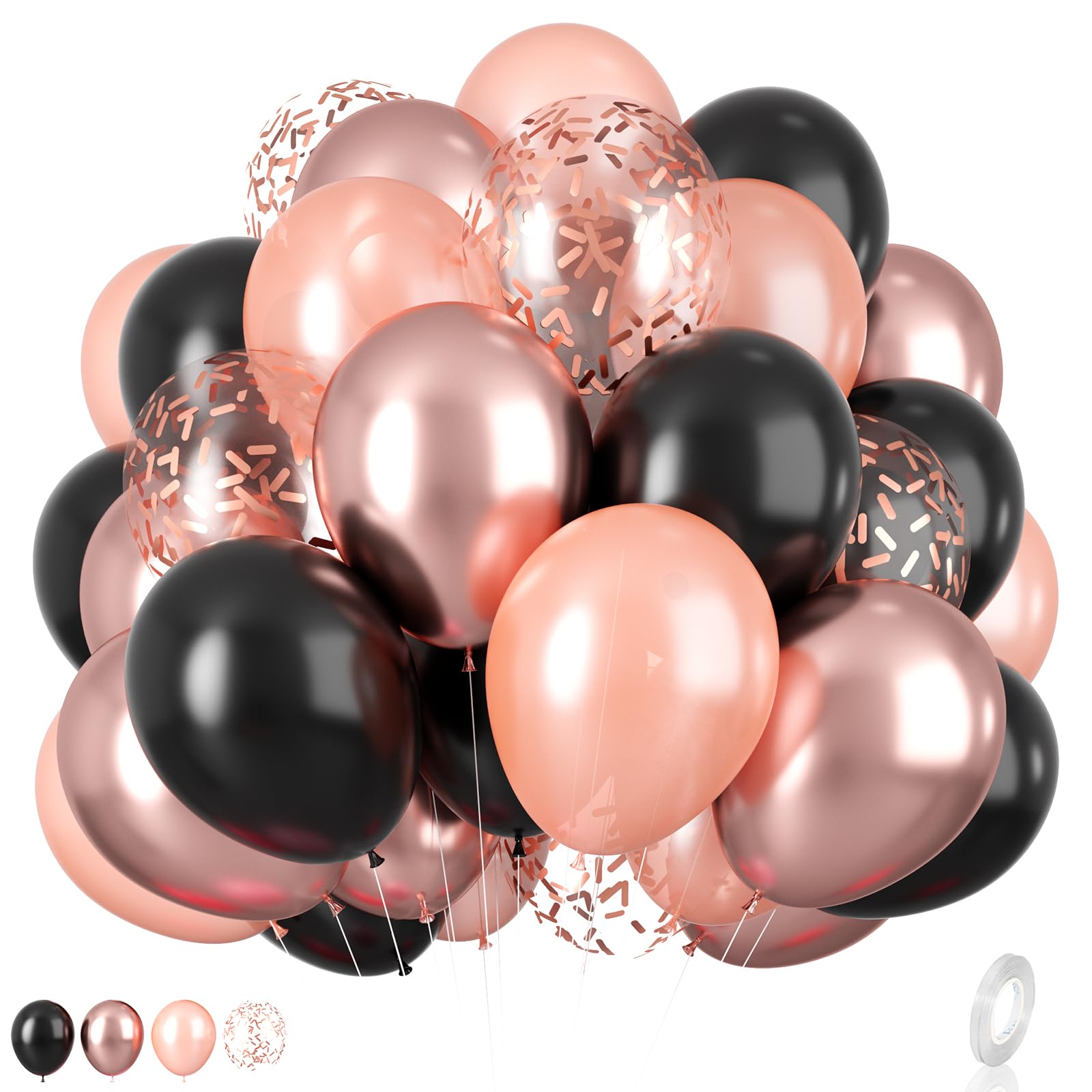 Rose Gold and Black Balloons Set, 12 inch Metallic Rose Gold Balloons Pearl Rose Gold Confetti Balloons Black Latex Balloons Party Balloons for Birthday Baby Shower Wedding Party Decorations