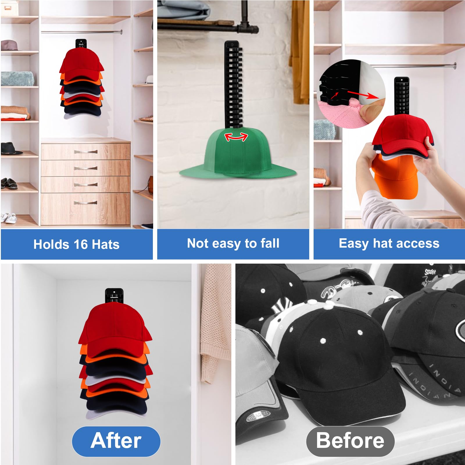 MAGTSMEI Hat Organizer for Baseball Caps, 1 Pack Hat Rack Adhesive Hat Hooks for Wall Hold Up to 16 hats, Hat Storage Display Hat Hanger Holder for Door Closet, Patent Pending