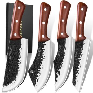 kitnats 4pcs hand forged butcher knife set - kiritsuke knife, meat cleaver knife, boning knife, butcher knife, high carbon steel meat cutting knife for home kitchen & outdoor…