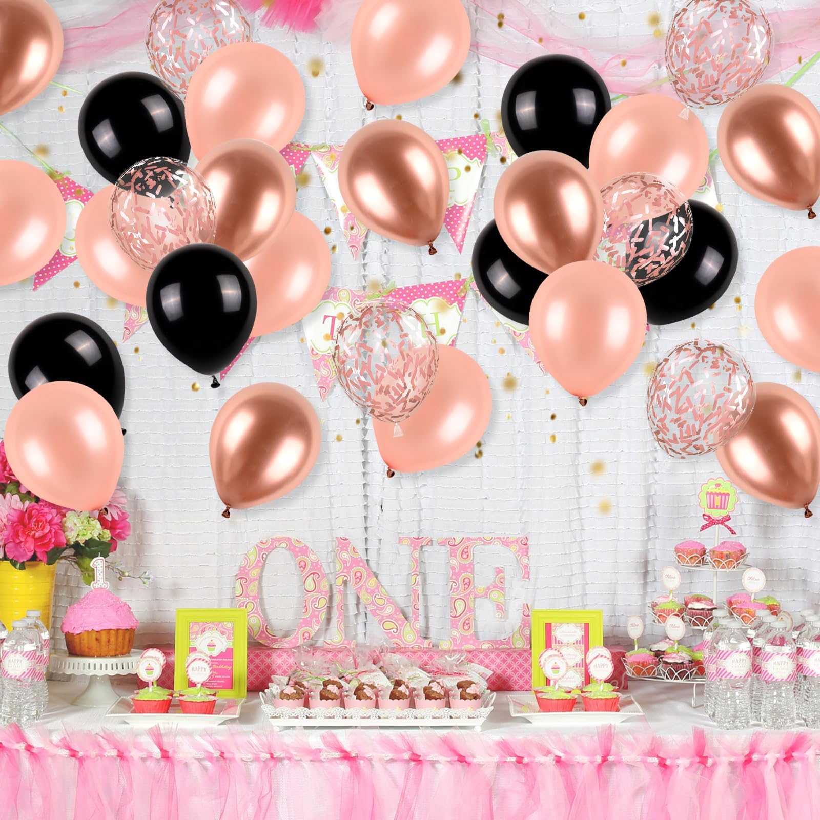 Rose Gold and Black Balloons Set, 12 inch Metallic Rose Gold Balloons Pearl Rose Gold Confetti Balloons Black Latex Balloons Party Balloons for Birthday Baby Shower Wedding Party Decorations