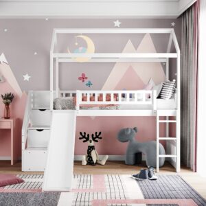 yopto twin size loft bed with slide and storage steps,wooden playhouse bedframe,w/two drawers & safety guardrail,no box spring needed,for kids, teens, girls, boys,white