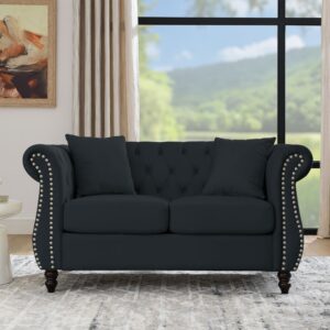 atumon 59" chesterfield loveseat velvet sofa for living room,2-seater sofa tufted couch with two pillows,rolled arms and nailhead for living room, bedroom, office black