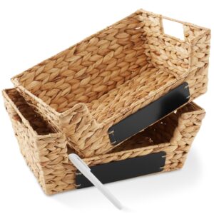 Casafield Set of 2 Water Hyacinth Pantry Baskets with Handles, Chalkboard Labels, and Marker - Natural, Wide Woven Storage Bin Organizers for Kitchen Shelves