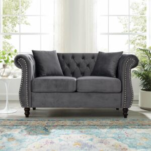 atumon 59" chesterfield loveseat velvet sofa for living room,2-seater sofa tufted couch with two pillows,rolled arms and nailhead for living room, bedroom, office grey