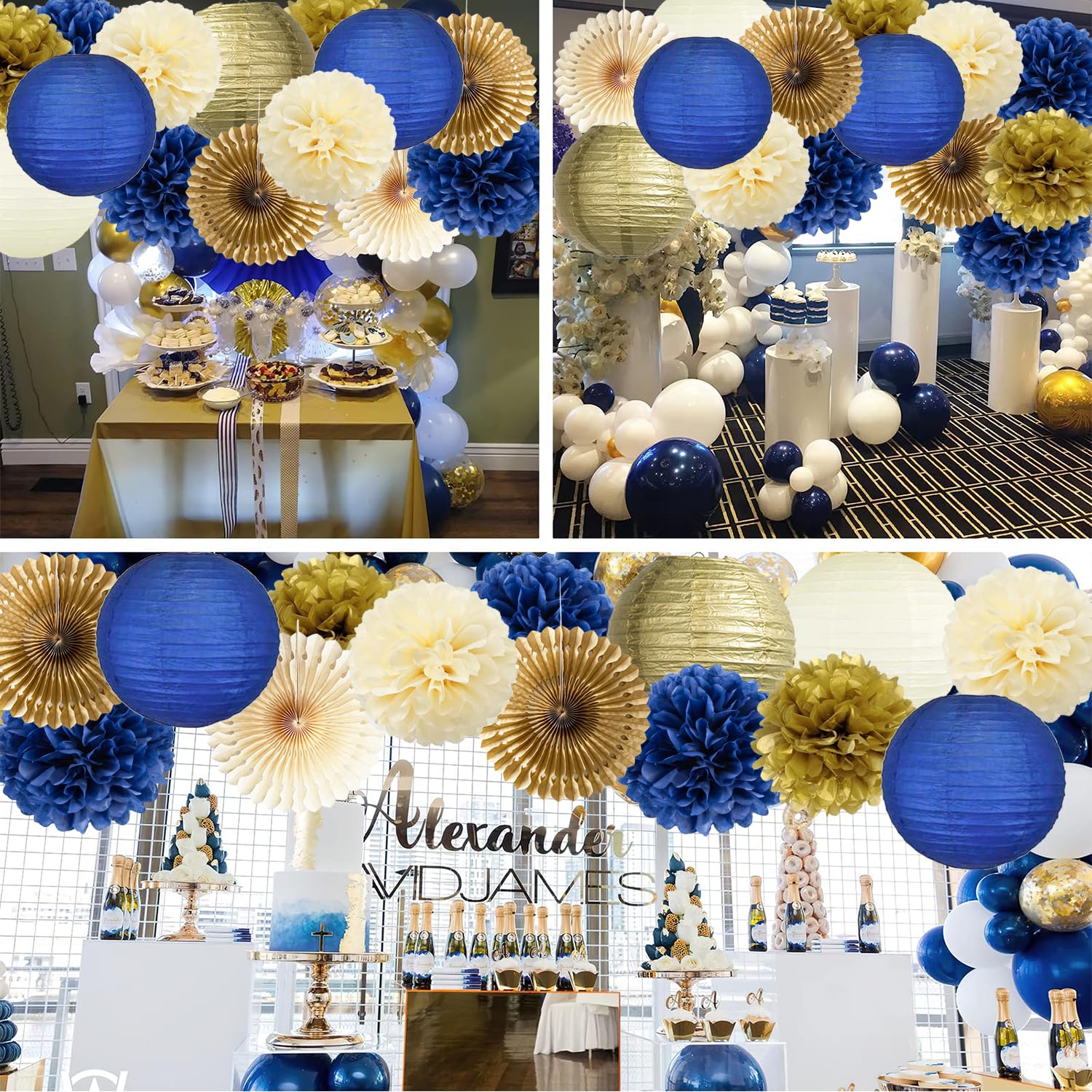 Navy Blue and Gold Party Decoration Navy Blue Cream Paper Lanterns Hanging Paper Fans Tissue Pom Pom Flowers for Men Birthday Wedding Baby Shower 2024 Graduation Party Decoration