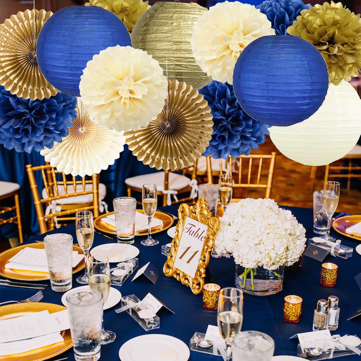 Navy Blue and Gold Party Decoration Navy Blue Cream Paper Lanterns Hanging Paper Fans Tissue Pom Pom Flowers for Men Birthday Wedding Baby Shower 2024 Graduation Party Decoration