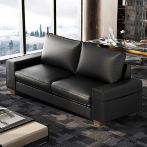 valthie faux leather couch, mid century modern comfy loveseat sofa with wide arm, side pockets, solid wooden frame for office, living room and bedroom, 2 seater (black, 71.25 inches)