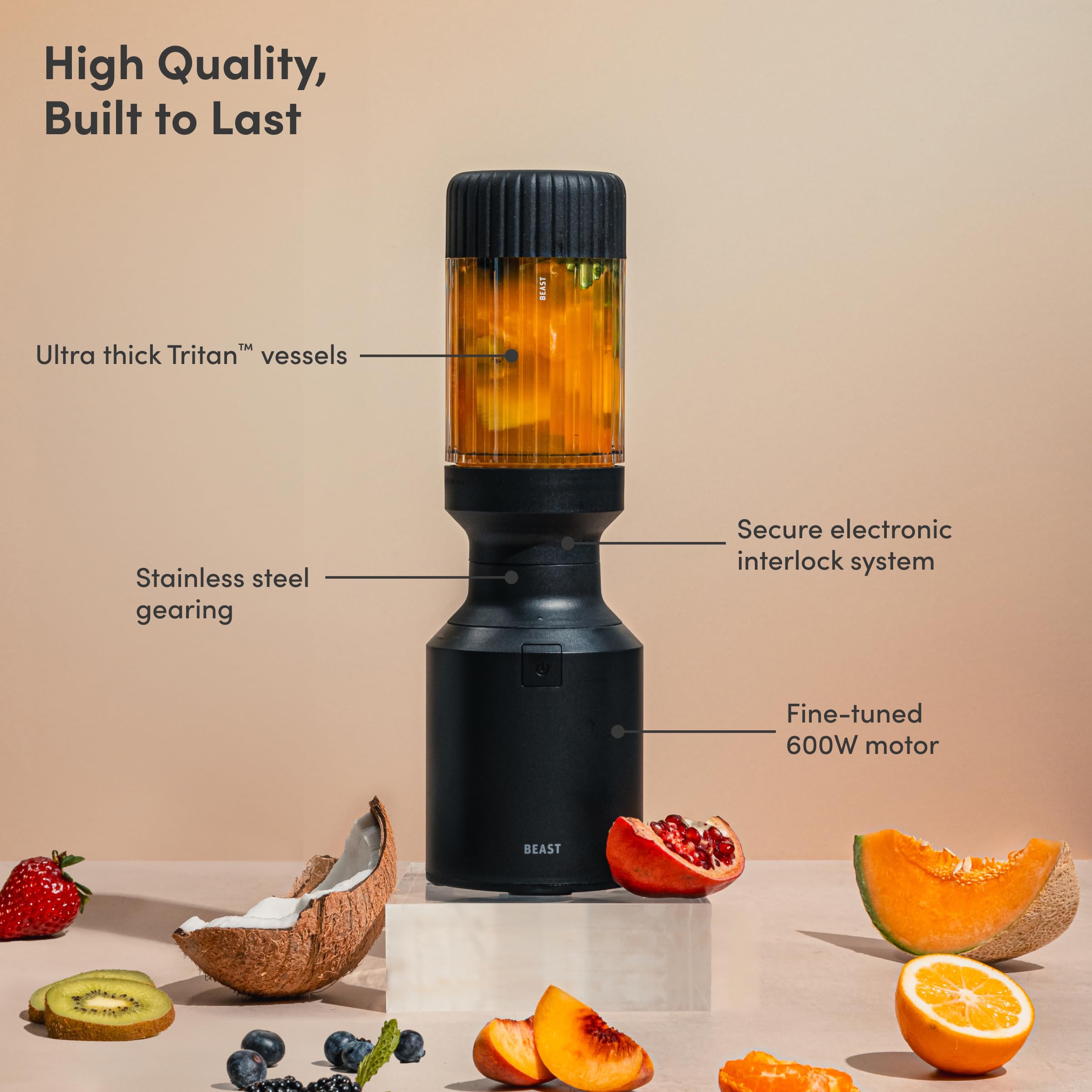 The Beast Mini Blender Plus | Mini Countertop Kitchen Blender | Blend Smoothies and Shakes, Dressings, Sauces, Dips | Extra Vessels, Straw Cap and Straws Included | 600W (Carbon Black)