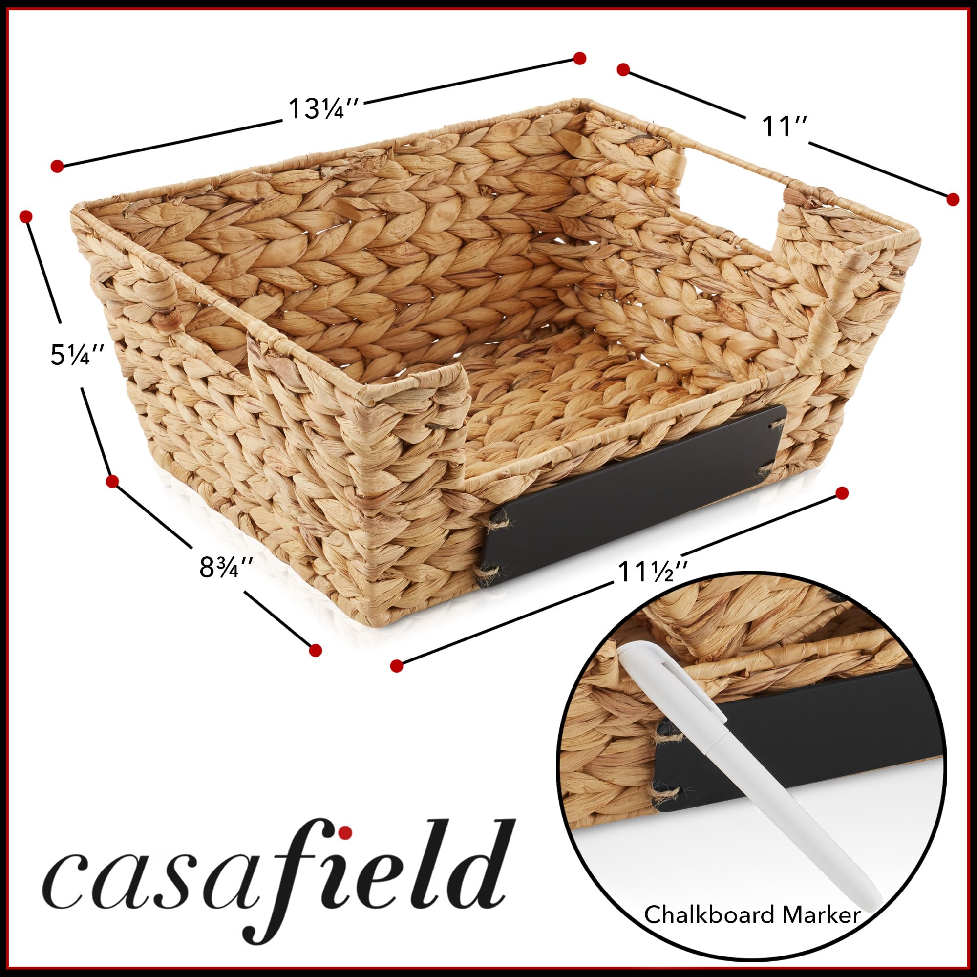 Casafield Set of 2 Water Hyacinth Pantry Baskets with Handles, Chalkboard Labels, and Marker - Natural, Wide Woven Storage Bin Organizers for Kitchen Shelves