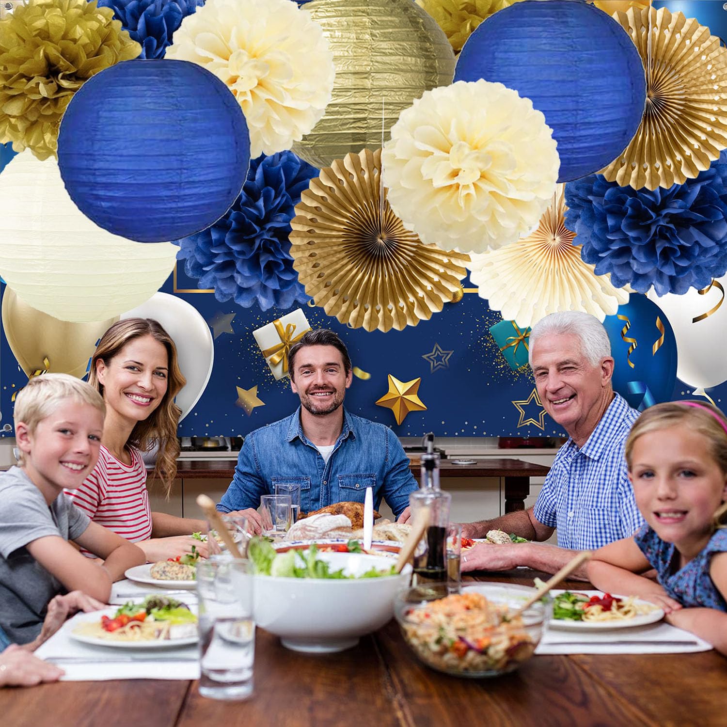 Navy Blue and Gold Party Decoration Navy Blue Cream Paper Lanterns Hanging Paper Fans Tissue Pom Pom Flowers for Men Birthday Wedding Baby Shower 2024 Graduation Party Decoration