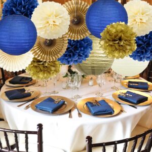 Navy Blue and Gold Party Decoration Navy Blue Cream Paper Lanterns Hanging Paper Fans Tissue Pom Pom Flowers for Men Birthday Wedding Baby Shower 2024 Graduation Party Decoration