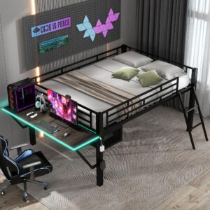 softsea metal low loft bed with desk full loft bed frame gaming bed with led and storage space for kids