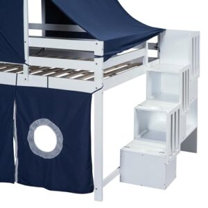 RORIGAT Full Size Loft Bed with Tent and Tower,Castle Low Loft Bed with Slide and Storage Staircase,Wood Bunk Bed Frame with Roof and Fence Shaped Guardrails for Bedroom,Blue