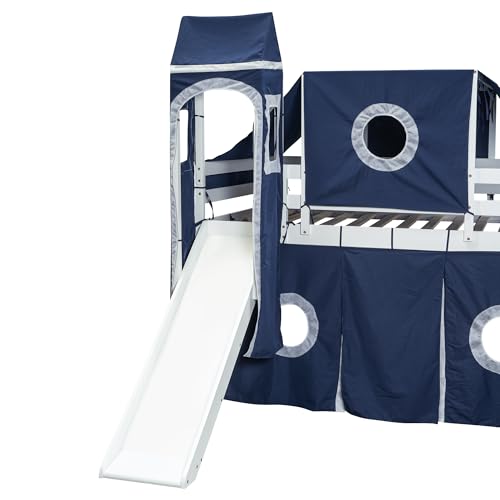 RORIGAT Full Size Loft Bed with Tent and Tower,Castle Low Loft Bed with Slide and Storage Staircase,Wood Bunk Bed Frame with Roof and Fence Shaped Guardrails for Bedroom,Blue