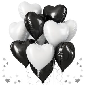 black white heart balloons, 18 inch black and white heart balloons large black white heart shape mylar balloons black and white helium foil balloons for wedding birthday graduation engagement