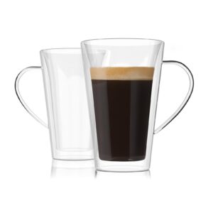 horlimer double walled glass coffee mugs, 13.5oz insulated clear coffee cups with handle set of 2, perfect for espresso, cappuccino, latte, tea, hot beverages