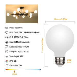 G25 LED Classic Dimmable Light Bulbs,Globular Bulb,Vanity Light Bulb,Warm White 2700k with CRI95,No Flicker,Eye Protection,Suitable for Bedroom,Mirror,Batheroom.40W Equivalent.(6PACK)